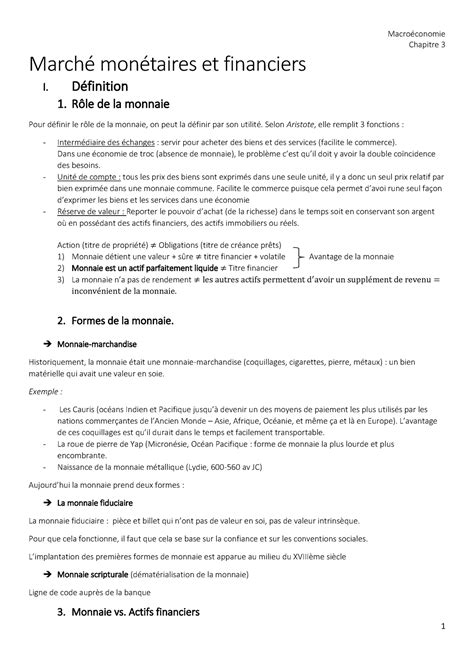 Chapitre 4 Marché monétaires et financiers Définition 1 Rôle de la