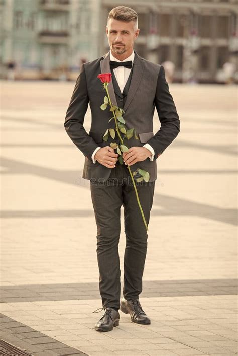 Elegant Man In Black Tux Man Wearing Tux Bowtie Outdoor Stock Image