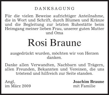 Traueranzeigen Von Rosi Braune Trauer Merkur De