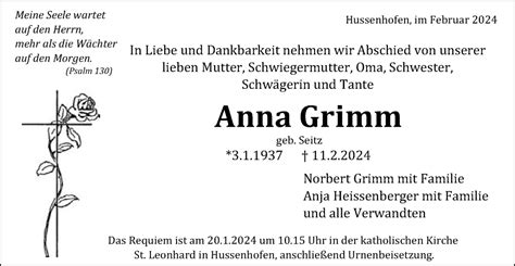 Traueranzeigen Von Anna Grimm OstalbTrauer