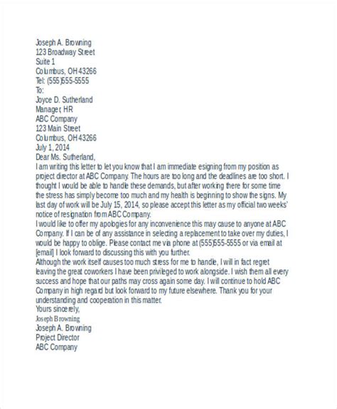 Resignation Letter Due To Stressful Environment Sample Resignation Letter