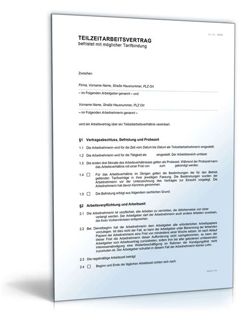 Befristeter Teilzeitarbeitsvertrag mit möglicher Tarifbindung
