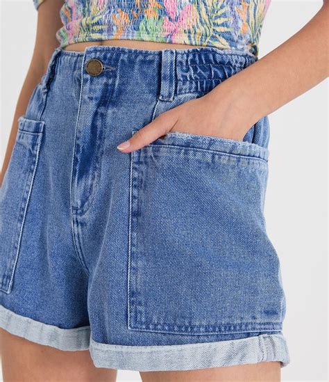 Short Mom Jeans Liso Cós elástico e Bolsos Laterais Azul Renner