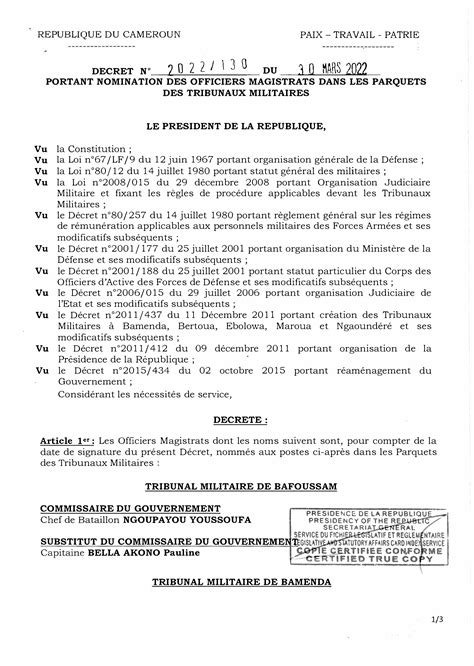 D Cret N Du Mars Portant Nomination Des Officiers