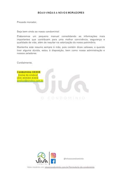 Boas vindas a novos moradores Viva o Condomínio