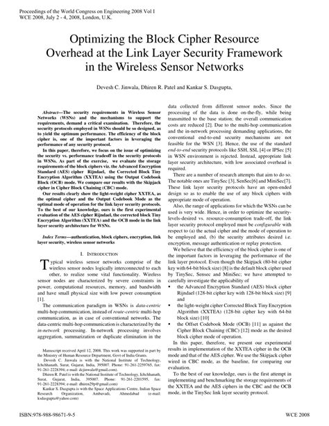 pdf optimizing the block cipher resource overhead at the link layer security framework in the