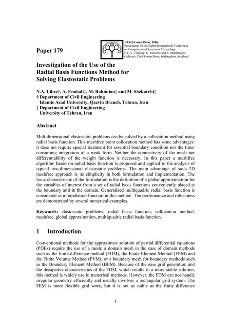 pdf investigation of the use of the radial basis functions method for solving elastostatic