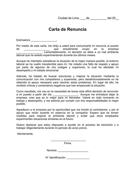 ᐅ Carta de Renuncia por Mal Ambiente Laboral Ejemplos