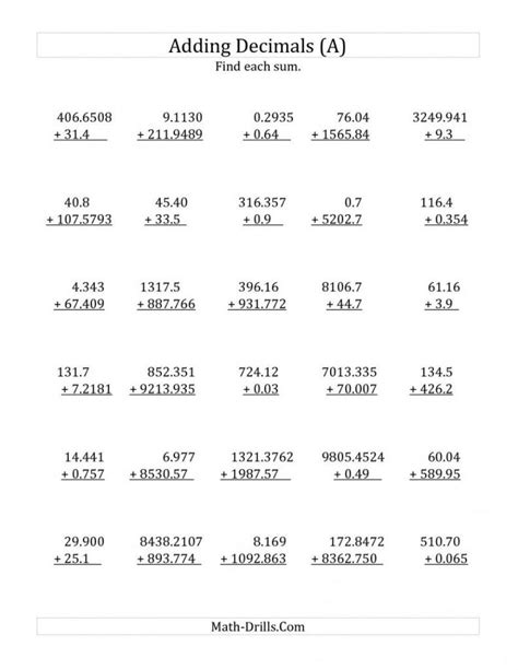 addition and subtraction of decimals worksheets