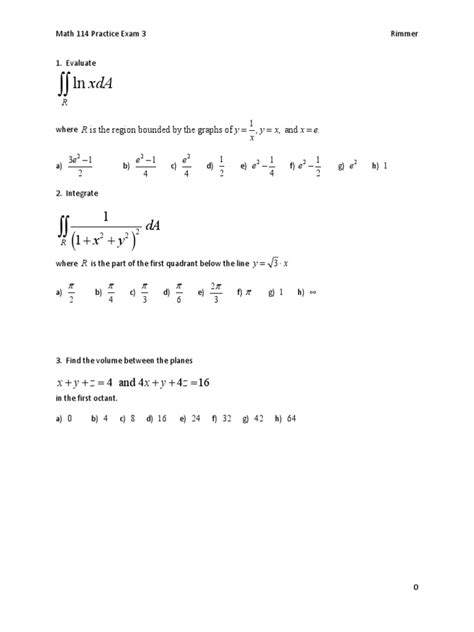 calculus practice exam with multiple integral problems involving regions spheres and line