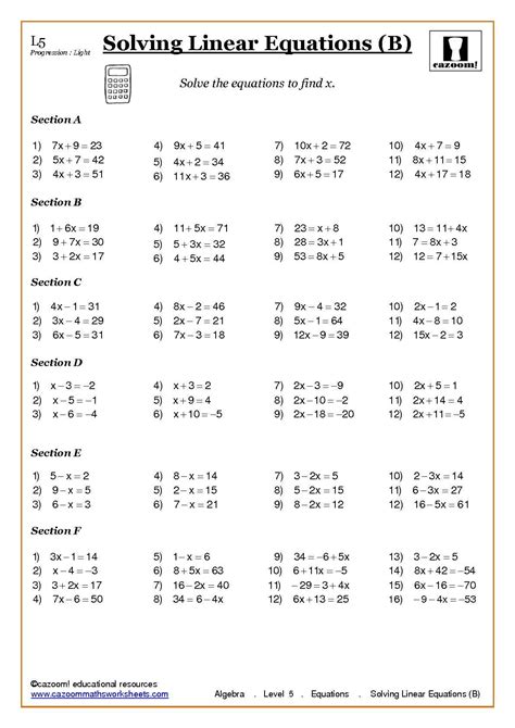 Solving Linear Equations Worksheets