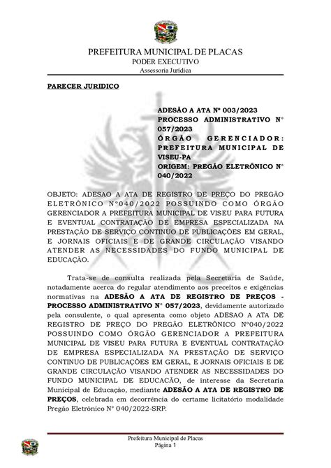 PARECER JURIDICO PLACAS Prefeitura Municipal de Placas Gestão 2021 2024