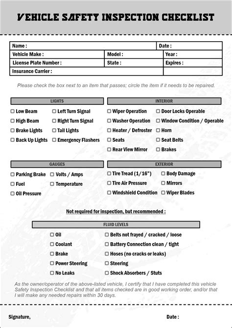 Vehicle Inspection Checklist Free Pdf Printables Printablee
