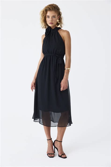 Halter Yaka Şifon Siyah Midi Elbise Tuba Butik