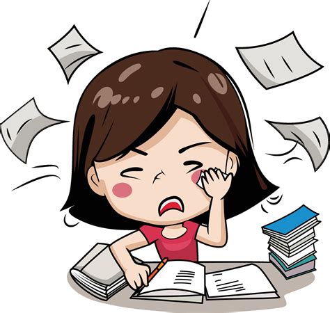 joven estresado estudiante niña estudiando dibujos animados vector