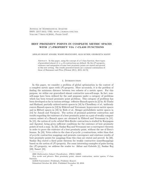 pdf best proximity points in complete metric spaces with p property via c class functions