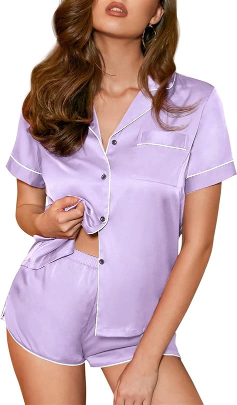 Ekouaer Women S Satin Silk Pajamas Set Short Sleeve Button Down PJ Set