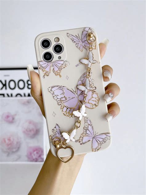 1pc Beige Tpu Butterfly Pattern Phone Case And 1pc Butterfly Plating