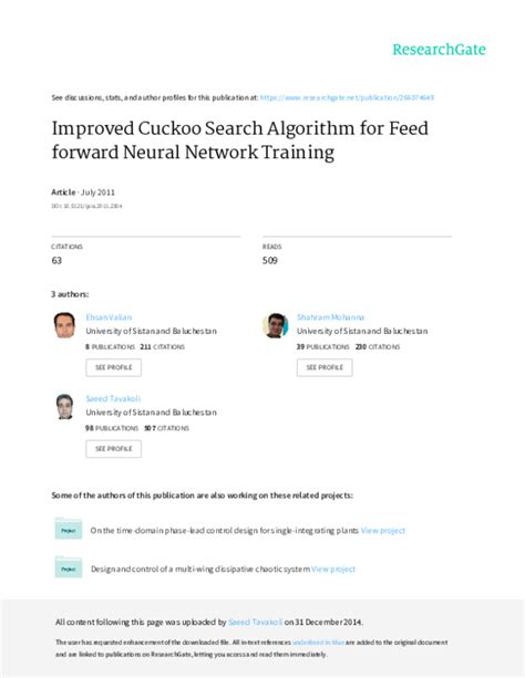 pdf improved cuckoo search algorithm for feed forward neural network training saeed tavakoli