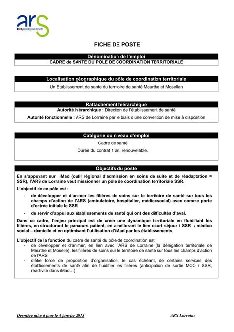 Fiche de poste cadre santé pôle coordination MM v1 3 ARS Lorraine