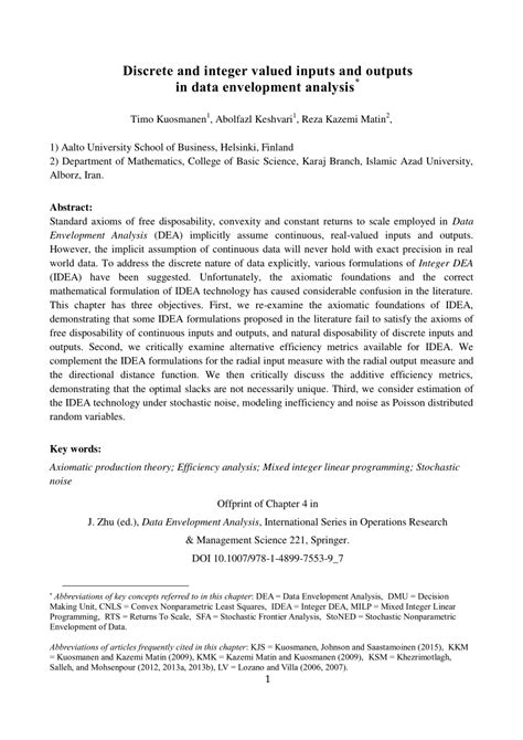 pdf discrete and integer valued inputs and outputs in data envelopment analysis