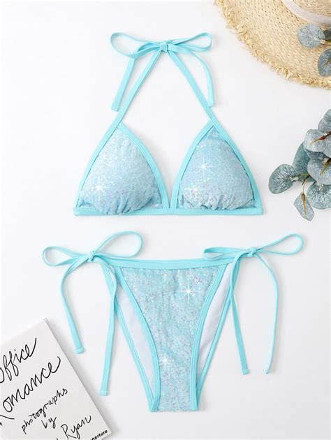 Shein Swim Sxy Sparkly Sequin Bikini Set Micro Triangle Bra Thong
