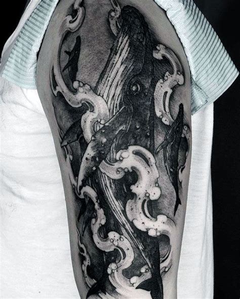 Shaded Black And Grey Ink Whale In Water Mens Half Sleeve Tattoos Mens
