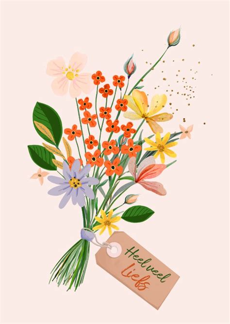 Bloemenkaart Getekend Boeket Kleurrijk Kaartje2go