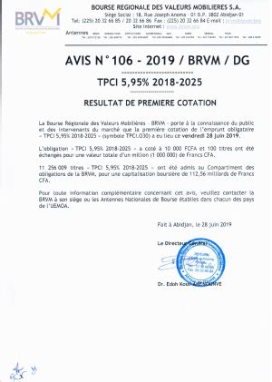 Avis N106 2019 BRVM DG Résultat de première cotation TPCI 5 95