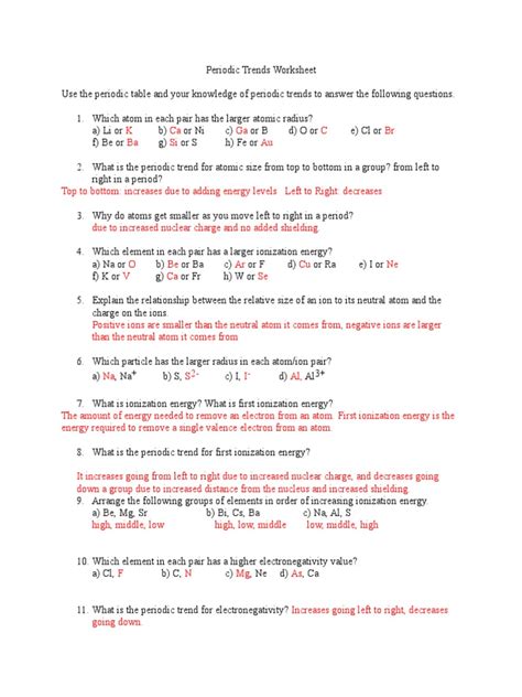 Periodic Trends Worksheet 1 Answers PDF Ion Atoms Worksheets