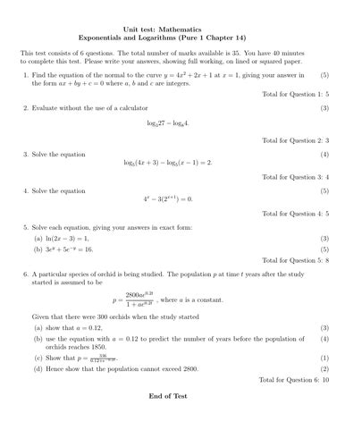 edexcel pure 1 chapter 14 unit test exponentials and logarithms teaching resources