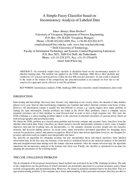 pdf a simple fuzzy classifier based on inconsistency analysis of labeled data janos abonyi