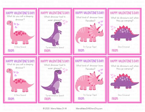 Printable Dinosaur Valentine Cards Pink Purple Dinosaur Valentines