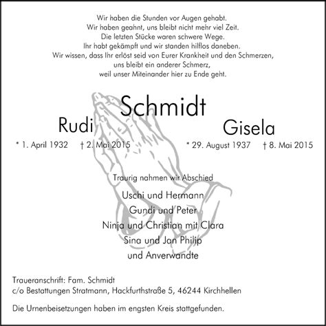 Traueranzeigen Von Rudi Und Gisela Schmidt Trauer In NRW De