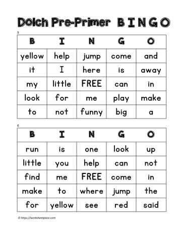 Dolch Pre Primer Bingo Cards 5 6 Worksheets