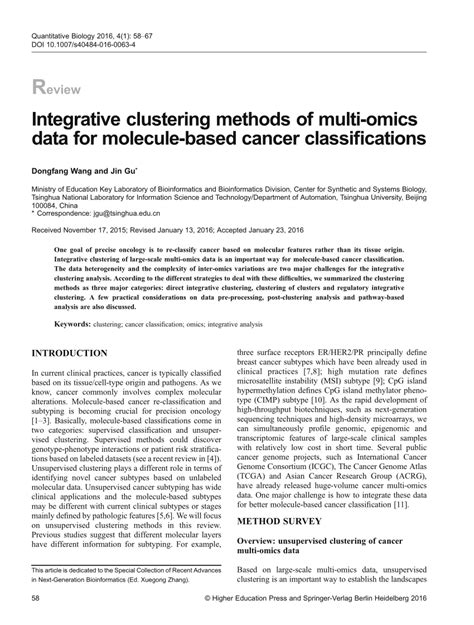 pdf integrative clustering methods of multi omics data for molecule based cancer classifications
