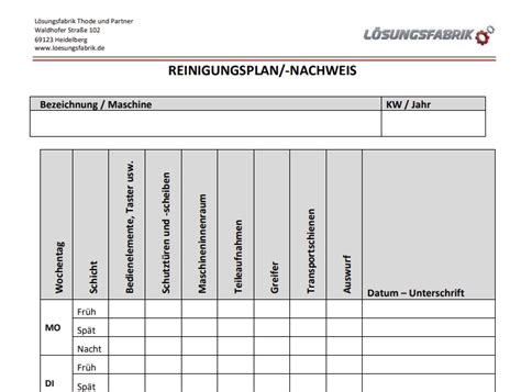 Vorlage Reinigungsplan bzw Renigungsnachweis Blog der Lösungsfabrik