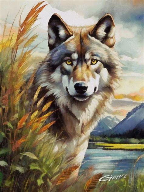 A Painting Of A Wolf Standing Next To A Body Of Water