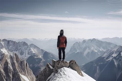 Man Standing On The Top Of A Snowcapped Mountain Peak Panoramic View