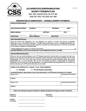 Fillable Online Designated Beneficiary Saskatchewan CSS Pension Plan