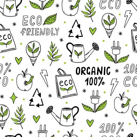 Eco Doodles Seamless Vector Pattern Symbols Of Environmental Care