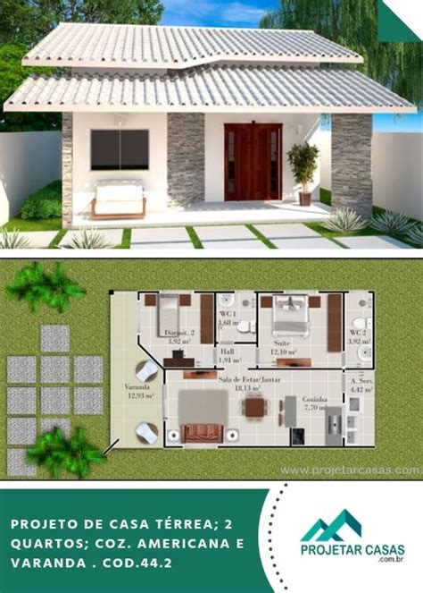 Planta de casa térrea 2 Quarto Coz Americana e Varanda Cód 44 2