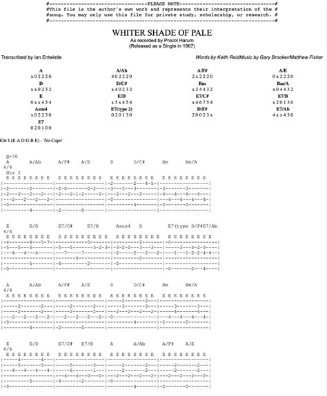 Whiter Shade Of Pale Procol Harum Guitar Tab Ian Entwistle