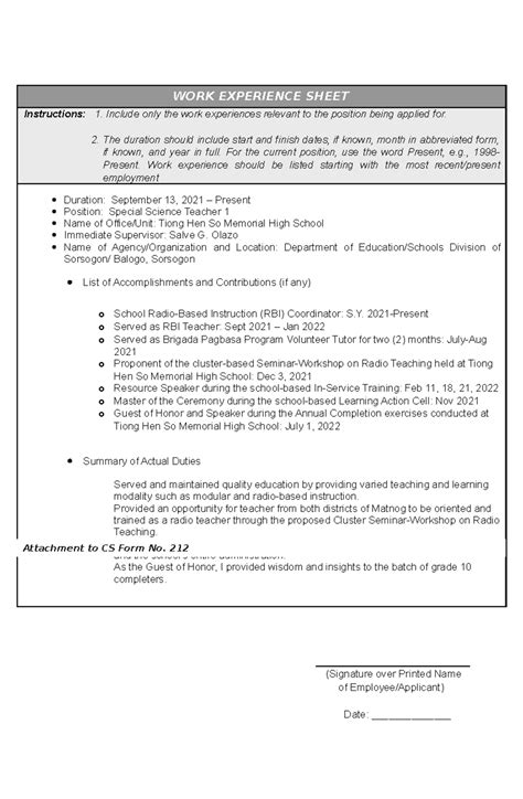 Deped Work Experience Sheet