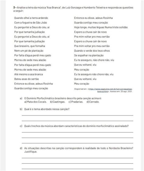 3 Analise a letra da música Asa Branca de Luiz Gonzaga e Humberto