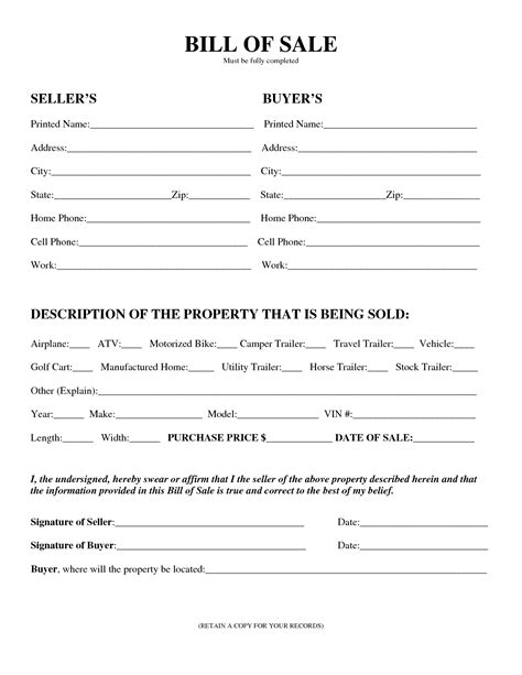 6 Bill Of Sale Templates Excel PDF Formats