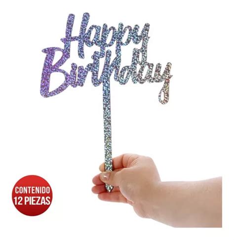 Pick Letrero Cake Topper Happy Birthday Metálico Mylin 12pz Color Plata