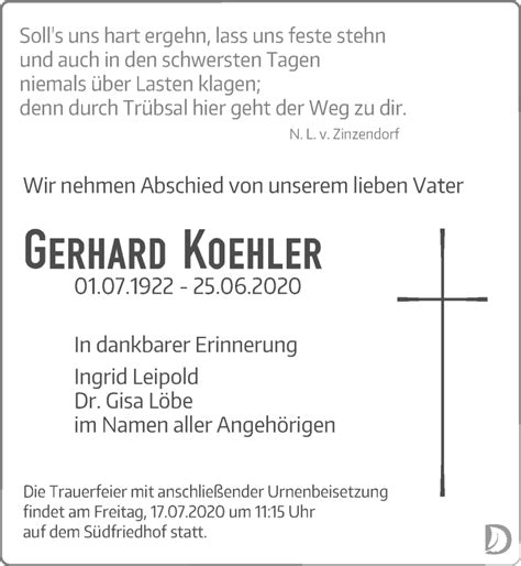 Traueranzeigen Von Gerhard Koehler Trauer Anzeigen De