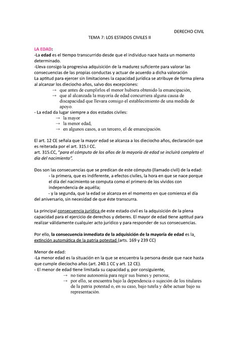 TEMA 7 Derecho Civil DERECHO CIVIL TEMA 7 LOS ESTADOS CIVILES II LA