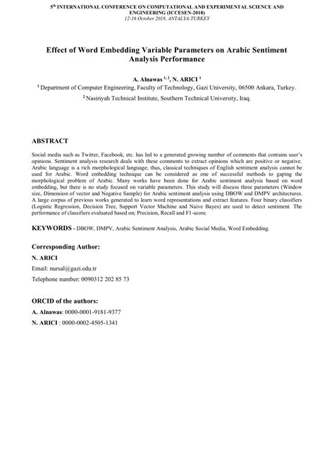 pdf effect of word embedding variable parameters on arabic sentiment analysis performance